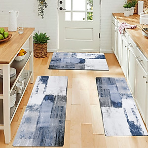 Pauwer Kitchen Rug Sets 3 Piece with Runner Farmhouse Kitchen Rugs and Mats Non Skid Washable Cushioned Kitchen Area Rug Floor Mat Waterproof Runner Rugs for Hallway Kitchen Laundry Room, Blue