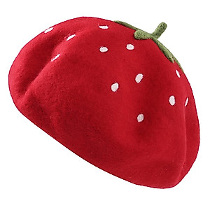 Zasy Wool Felt Strawberry Hat Handmade Casual Wool Beret Classic French Artist Beanies Cap for Women