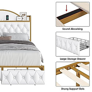 HITHOS Queen Bed Frame, Storage Headboard with Charging Station, Button Tufted Platform Bed with 2 Drawers, Upholstered Bed with 51.6" Tall Headboard, Gold Metal Frame, No Box Spring Needed, White