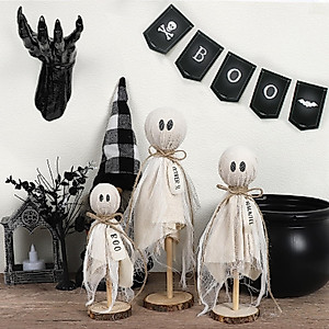 DAZONGE Halloween Decorations Indoor - Set of 3 Primitive Halloween Ghosts on Wooden Stand for Table Centerpieces, Shelves, and Mantels - Spooky Halloween Decor