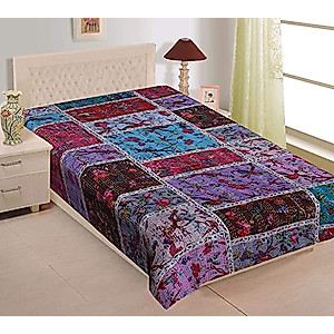 Maviss Homes Beautiful Indian Traditional Patchwork Super Soft Cotton Double Kantha Quilt | Throw Blanket Bedspreads | Cozy Blanket Quilt | Easy Machine Washable and Dryable; Multicolour