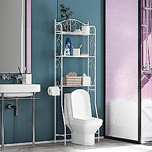 HOME BI Over The Toilet Storage,3-Tier Bathroom Storage Rack,Bathroom Space Saver,Freestanding Above Toilet Rack with Hooks and Toilet Paper Rack (White)