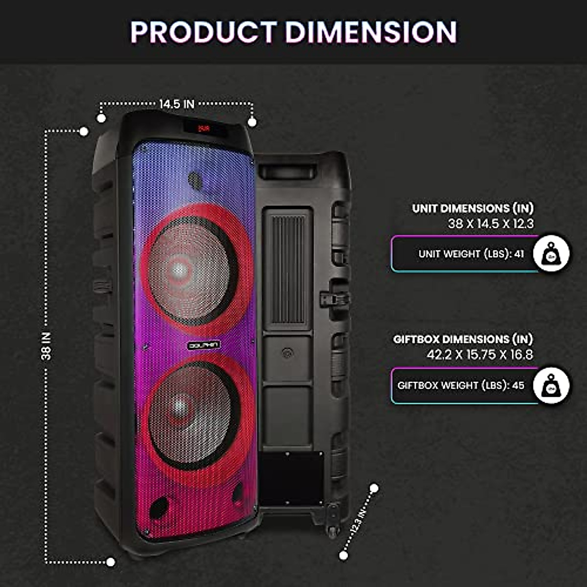 Dolphin SPF-1212R Powerful Sound & BASS 5100W | Portable Rechargeable Big Party Speaker | Dual 12", 3X 1 Tweeters | LED Party Lights, Handles and Wheels