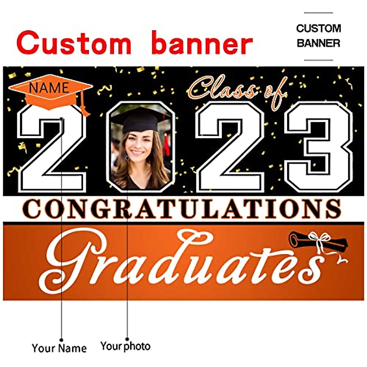 Custom Graduation Backdrop Banner Orange Large Congrats Grad Party Supplies Decorations Photography Background for 2023 Graduation Party