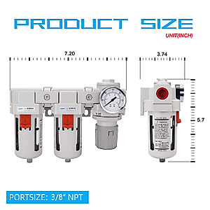 NANPU DFR-03 3/8" NPT Air Drying System - Double Air Filters, Air Pressure Regulator Combo - Semi-Auto Drain, Poly Bowl