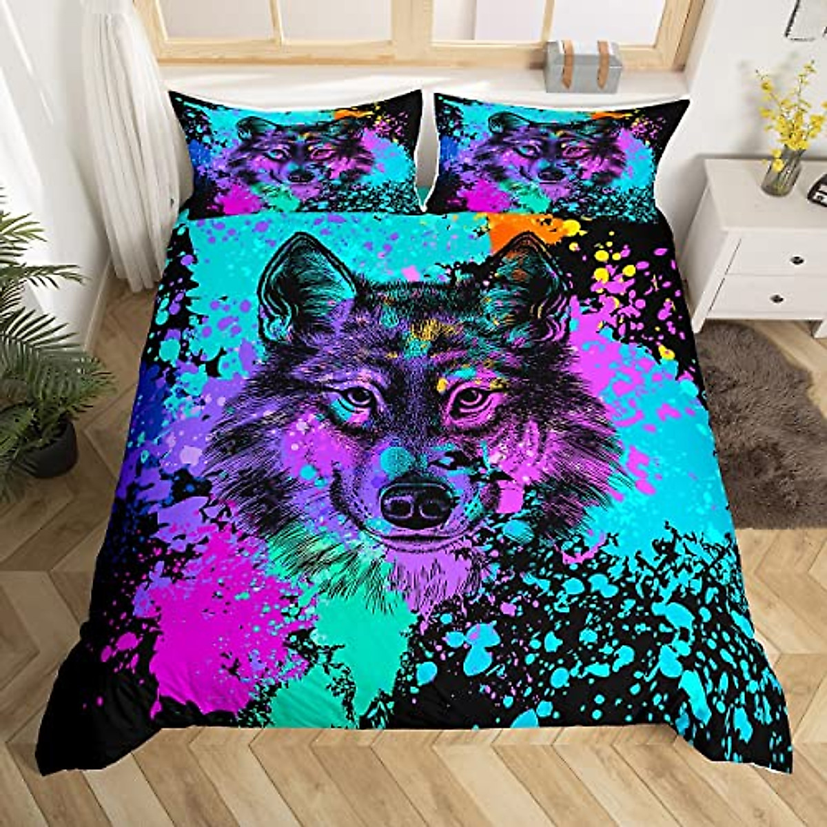 Erosebridal Wolf Bedding Set Full Size Tie Dye Duvet Cover Safari Animals Print Comforter Cover for Kids Boys Juvenile Splash Graffiti Hip Hop Bedspreads Cover with 2 Pillow Cases Colorful Teal Black