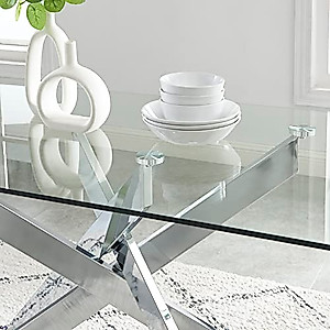 Edwin's Choice Rectangle Glass Dining Table, Tempered Glass Tabletop and Metal Tubular Legs, Modern Style Table for Home, Kitchen, Dining Room 58.5”Lx29”Wx30”H, Silver
