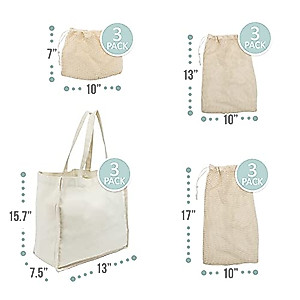 Reusable Grocery Bags Set of 12, 100% Cotton Plain Cloth Blank Canvas Heavy Duty Bag Bundle, With Handles for Shopping, Produce, Farmers Market, Include 3 Small, 3 Medium, 3 Large Mesh Bags, 3 Tote