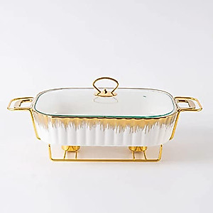 Rectangular Porcelain Casserole Warming Trays for Food, Ceramics Chafers, and Buffet Warmers Sets, Gold Plating Serving Dishes (Large 2.4 quarts)