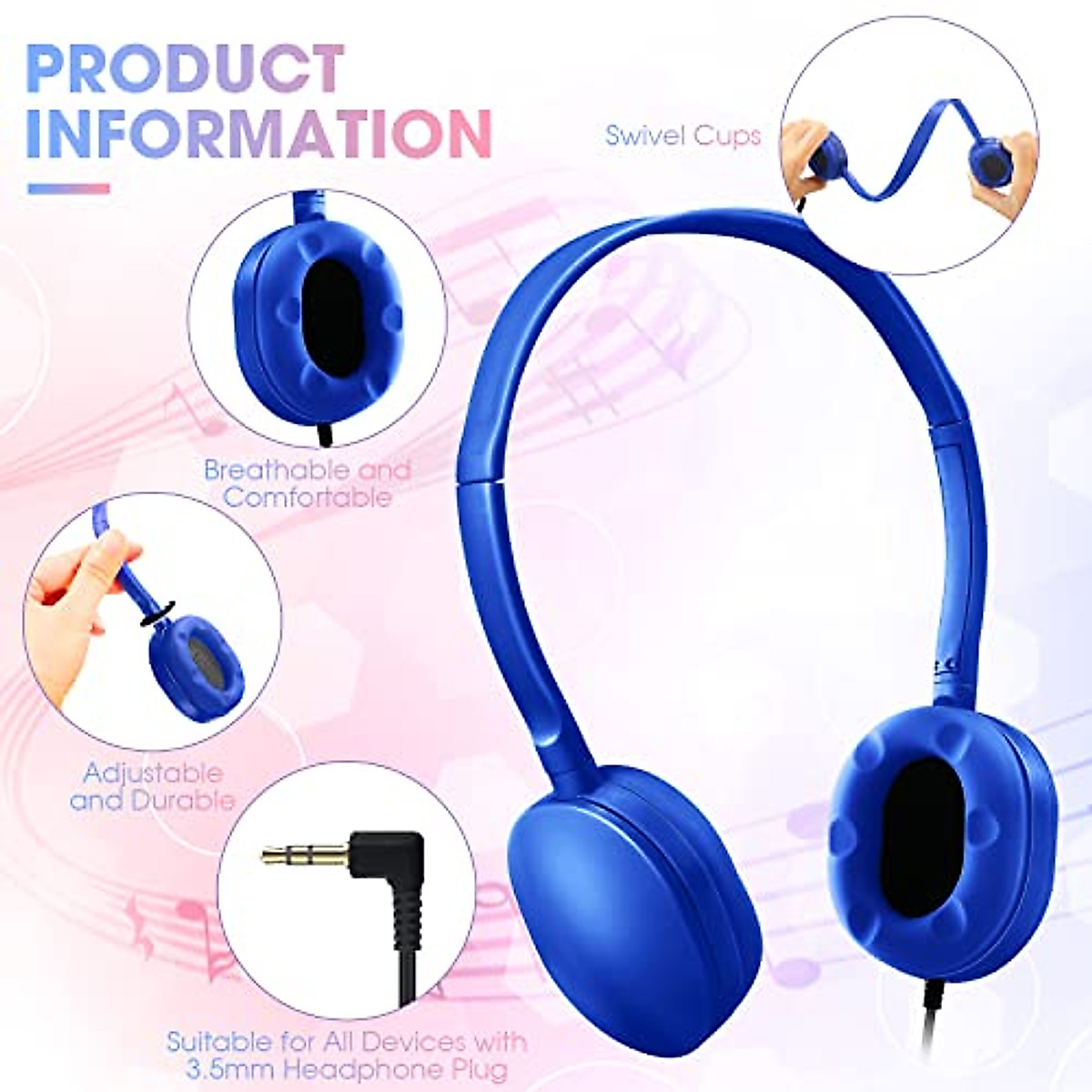 Bulk Headphone Earphones 45 Pack Multi Colored for School Headphones with 3.5 mm Headphone Plug for School Classroom Library Students Kids Children Teen and Adults, 9 Colors