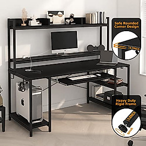 55" Computer Desk with Power Outlet & USB Ports, Heavy Duty Desk with Hutch Keyboard Tray, Home Office Desks with Shelves Monitor Stand, Study Table Writing Desk Workstation, Easy to Assemble, Black