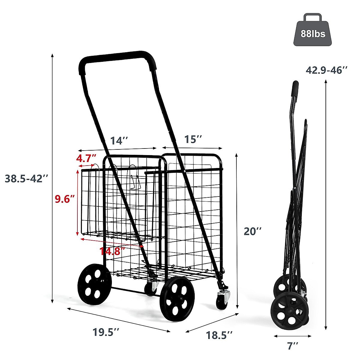 MARSTAR Folding Shopping Cart w/Rolling Swivel Wheels, Utility Cart for Groceries Laundry Transport Stair Climber, Double Basket, Adjustable Handle, Portable Grocery Cart, Light Weight, Save Space