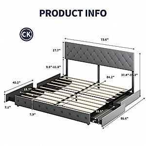 ZAFLY Upholstered California King Size Bed Frame with Tufted Headboard,PU Leather Platform Cal King Bed Frame with 4 Storage Drawers,Wooden Slats Support,No Box Spring Needed,Easy Assembly (Grey)
