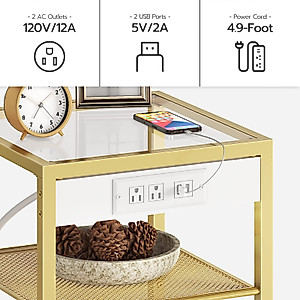 HOOBRO End Tables Set of 2 with Charging Station, Side Tables with USB Ports & Power Outlets, 3-Tier Slim Nightstands with Storage Shelves, Tempered Glass, for Living Room, Bedroom, Gold GD77UBZP201