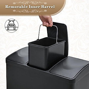 Athena Collection 3 in 1 Trash Can with Lid Triple Step-on Trash Can 15 Liter Waste Bin 4 Gallon Trash Bin 3 Compartment Garbage Bin Inner Bucket with Handle for Kitchen, Living Room, Office, Black