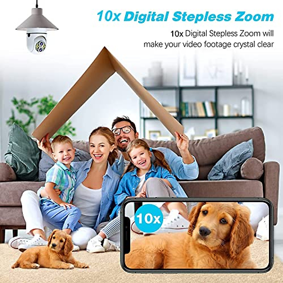 EYETOO Wireless WiFi Light Bulb Security Camera Outdoor, 10x Zoom 360 Degree PTZ Panoramic Light Socket Security Camera for Home with FHD 1080P Color Night Vision, Auto Tracking, Two-Way Talk, Alerts