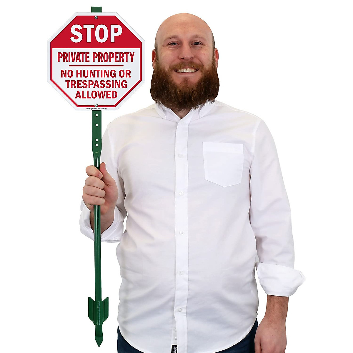 SmartSign 10 x 10 inch “Stop - Private Property, No Hunting Or Trespassing Allowed” LawnBoss Yard Sign with 3 foot Stake, 40 mil Laminated Rustproof Aluminum, Red and White, Set of 1, Made in USA