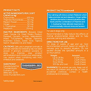 ThunderWunders Dog Calming Chews | Thiamine, L-Tryptophan, Melatonin and Ginger | Can Help Relieve Stress from Separation, Storms, Fireworks & Travel (180 Count)