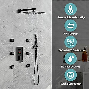 MONDAWE 12 IN Luxury Rain Mixer Combo System with 6-Jet and Handheld Spray, Wall Mounted Led Digital Display for 3-Spray Patterns, Matte Black