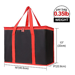 Bodaon 4-Pack Insulated Reusable Grocery Shopping Bags, X-Large Picnic Cooler Bag with Zipper Zippered Top Cold, Black with Red Edge