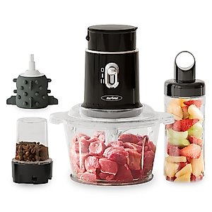 Sunvivi Electric Food Chopper, 4 in 1 Small Food Processor for Grinding Meat, Peeling Garlic & Juicing, 2 Speed Blender and Food Grinder Combo with 1.5L Glass Bowl & 2 Cups (0.4L+0.2L), Black