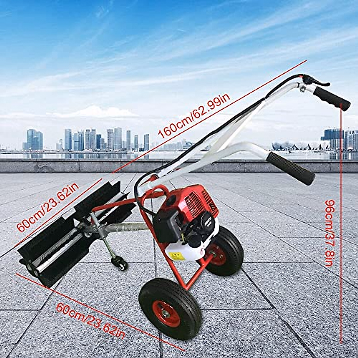 43CC Portable Artificial Grass Brush Power Broom Sweeper,1.7HP Handheld Turf Lawn Sweeper 2-Stroke Petrol Walk Behind Driveway Cleaning,Gas Engine Power Broom Sweeper Driveway