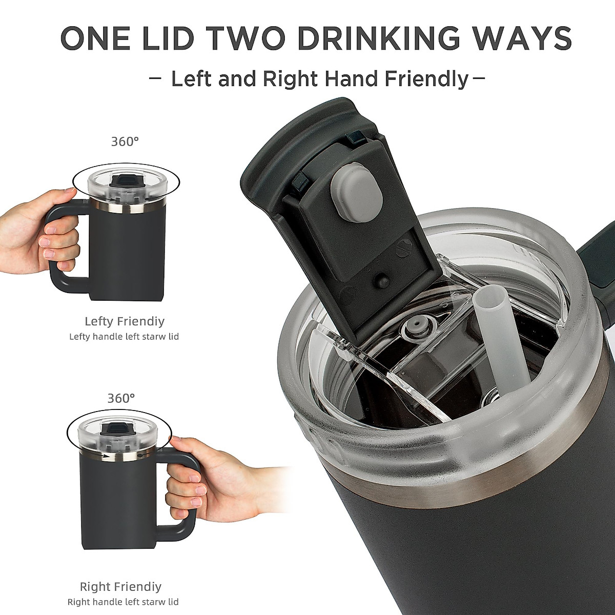 TYESO 30 oz Tumbler with Handle, Straw and Lid - Leak Resistant Insulated Stainless Steel Water Bottle, Car Cup Holder Friendly Travel Coffee Mug Black - Gifts for Men & Women