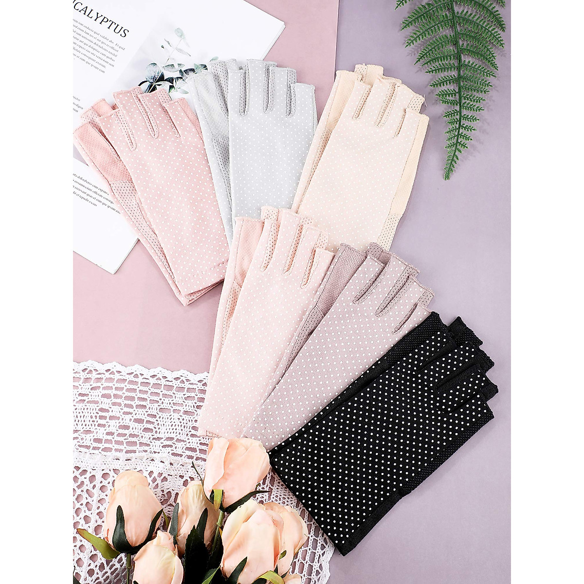 Handepo womens 6 Pairs Sunscreen Fingerless Summer UV Protection Driving Riding Fishing Gloves, Multicolored, Medium