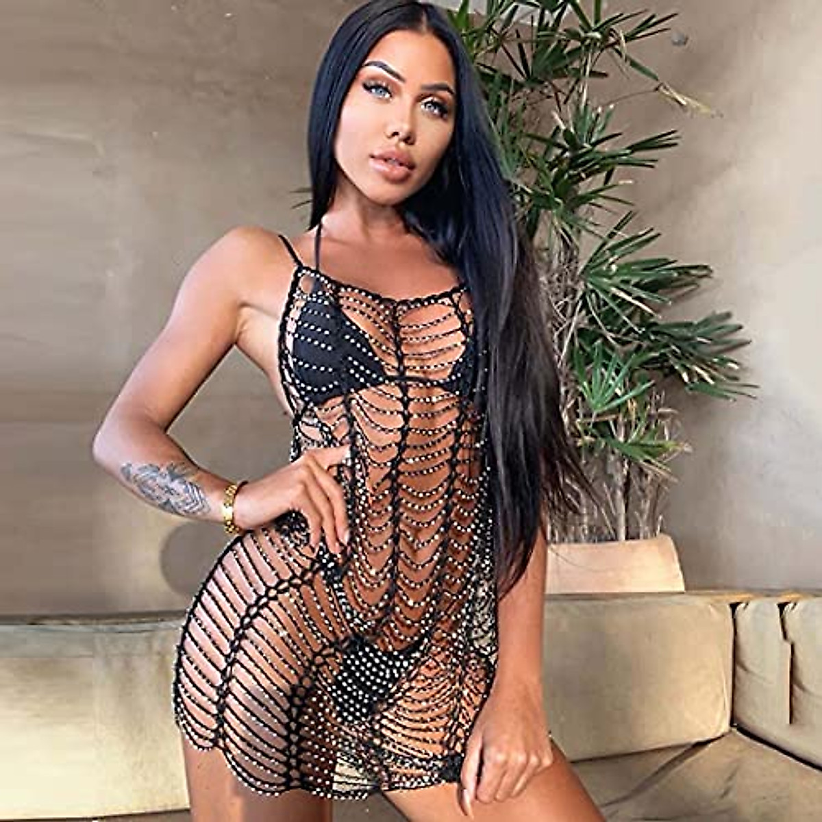 Aiosy Rhinestone Mesh Cover Up Skirt Fishnet Bikini Cover Up See Through Dress Skirts Crystal Rave Outfits Swimwear Party Women Body Accessories Black