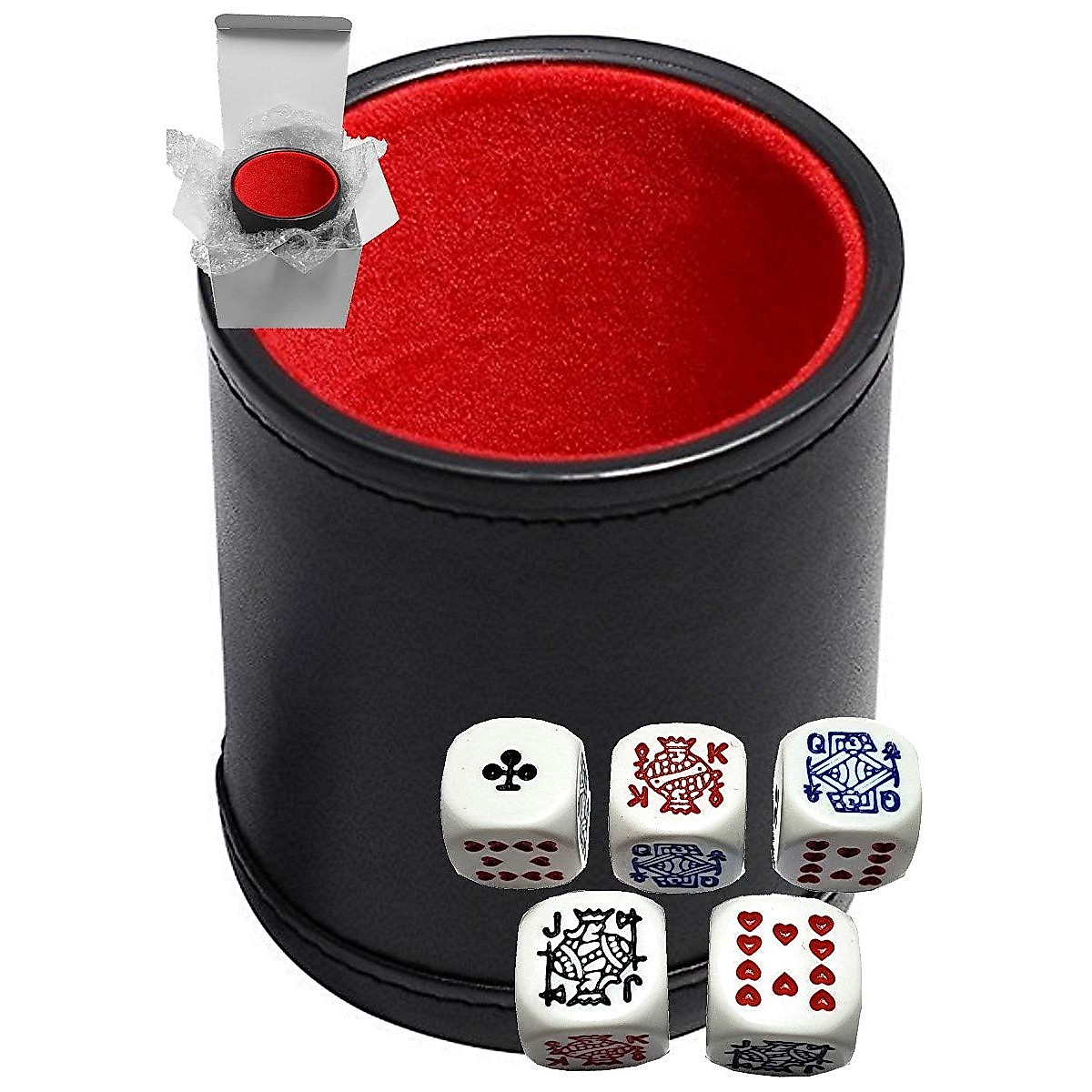Set of Dice Cup Black PU Leather w/Plush Red Felt Lined + Poker Dice White Rounded Corners Clubs Ace (Gift Boxed)