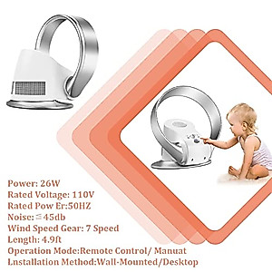 14″Bladeless Wall Fan, 26W Desktop Cooling Fan With Remote/Timer, For Home Living Room Office