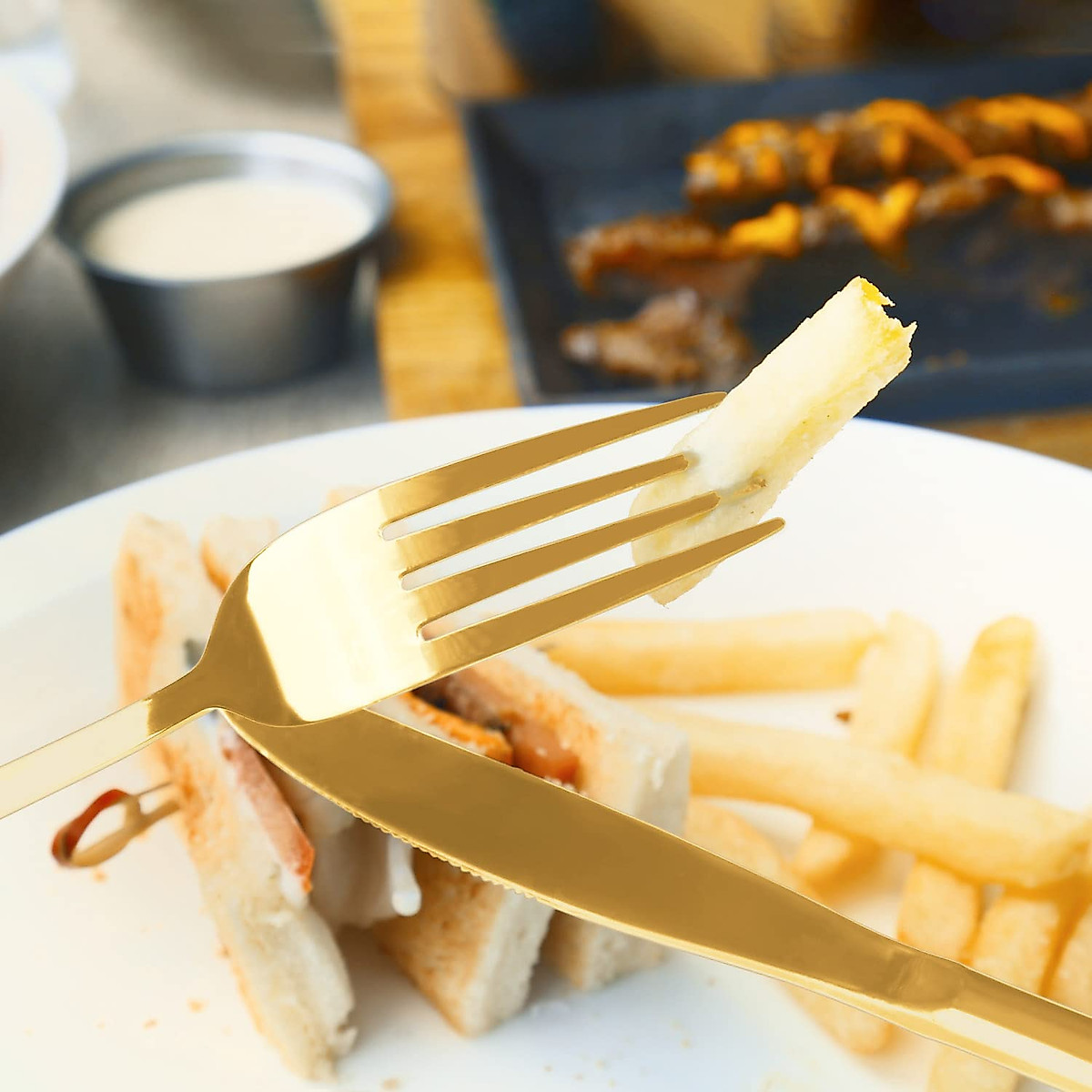 SDOM Silverware Set, Mirror Finish 24-Piece Stainless Steel Rounded Flatware Set for 6, Food-Grade Tableware Cutlery Set, Utensil Sets for Home Restaurant, Dishwasher Safe（Gold）