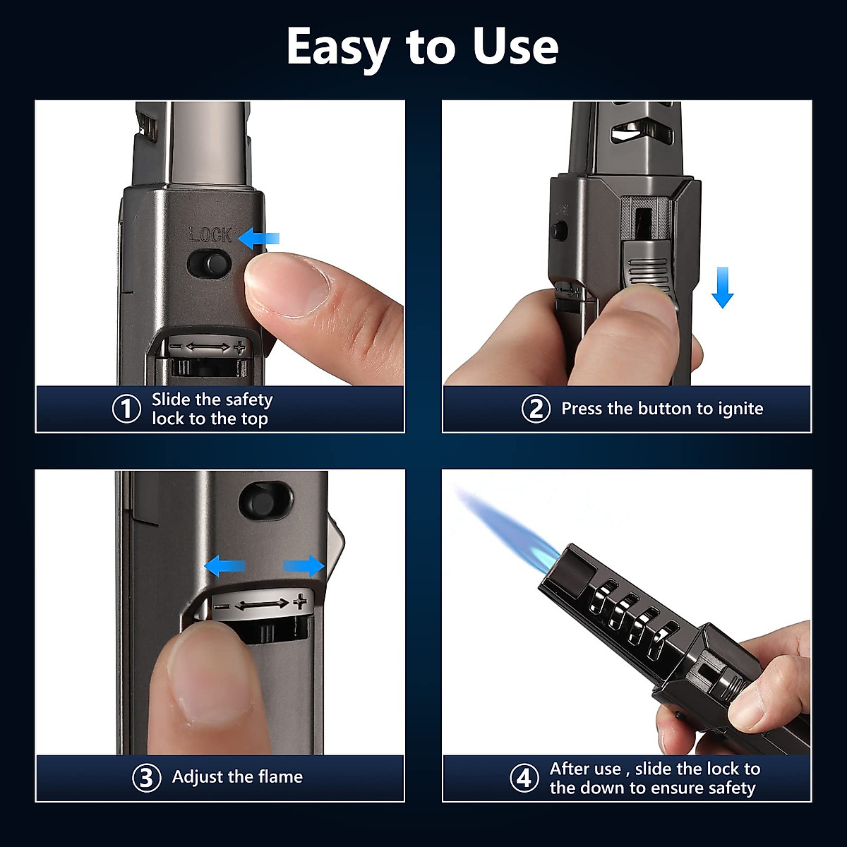 Butane Torch, Refillable Kitchen Torch Lighter with Safety Lock Adjustable Flame Solar Beam Torch Blow Torch with Safety Lock for BBQ Baking Fireplace (Butane Gas Not Included) (Black-2)