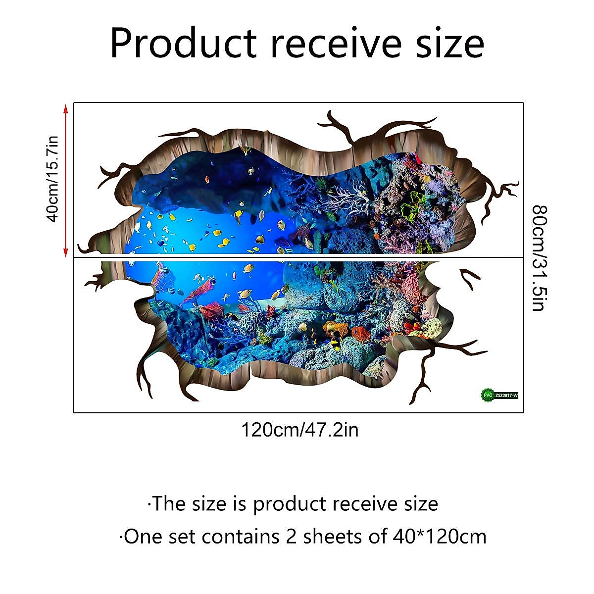 BOSUE SLLXG 3D Underwater World Wall Decal Home Floor Stickers Decor Vivid Fish Sea Turtle Broken Animals Art Wall Decal Under The Sea Bathroom Bedroom Decor Floor Sticker Nursery -80*120cm