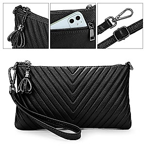YALUXE Womens Wristlet Real Leather Chevron Tassel Large V Clutch Wallet with Shoulder Strap