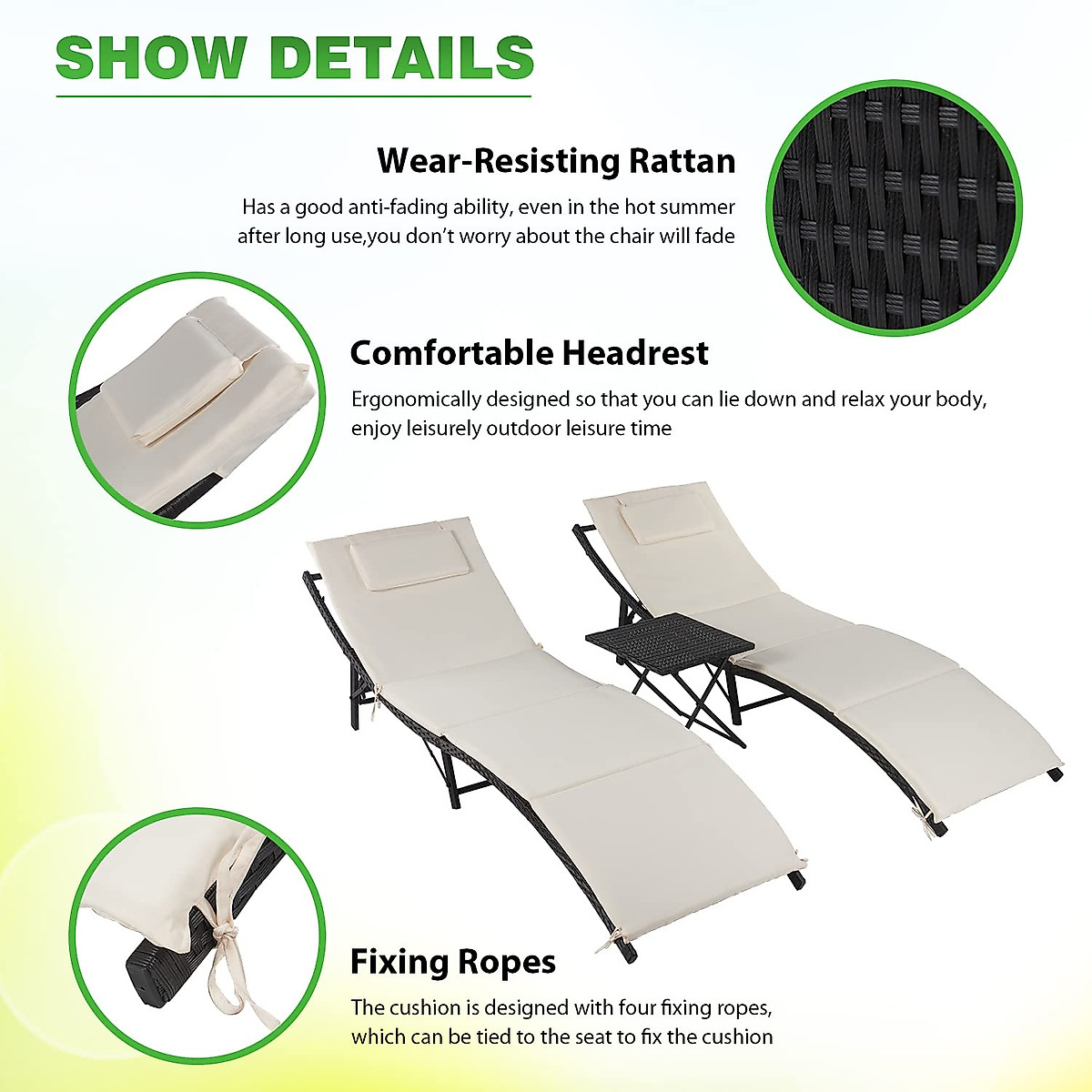 PayLessHere Patio Chaise Lounge Set of 3 Adjustable Back Outdoor Lounge Chair Folding Wicker Recliner Chair 2 Pieces Outside Chairs with Folding Table and Khaki Cushioned for Poolside Deck Lawn Beach