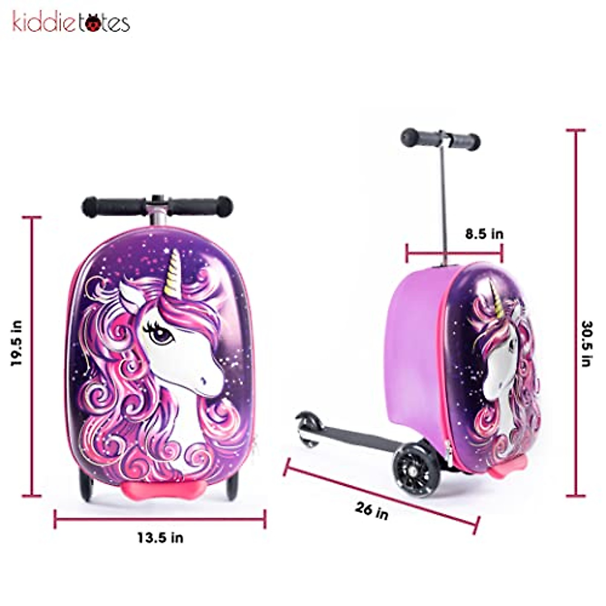 KIDDIETOTES 3-D Hardshell Ride On Suitcase Scooter for Kids - Cute Lightweight Kids Luggage with Wheels - Fun LED Lights