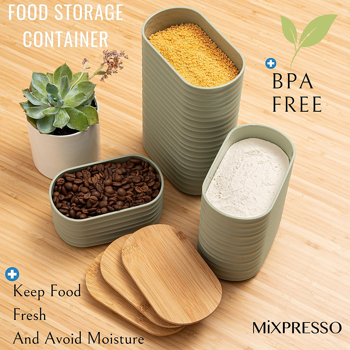 Mixpresso 3 Piece Set Of Airtight Plastic Canister With Bamboo Lid, Canisters For Kitchen Counter, Coffee And Sugar Canister Set, Decorative Sugar Container, Kitchen Decor For Counter