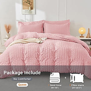 HYMOKEGE Pink Duvet Cover Queen Size, Ultra Soft 3-Piece Seersucker Duvet Cover Set with Zipper Closure, Soft Brushed Microfiber Bedding Set with 8 Corner Ties (90"x90", 2 Pillowshams)
