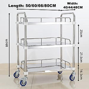 Metal Cart On Wheels,Food Cart,Stainless Steel Kitchen Cart,w/ 360° Swivel Wheels Lockable,Ergonomic Handle,Lab Rolling Cart,for Garage, Kitchen, Hotel, Office, Warehouse (Color : 3 Layer, Size : 80