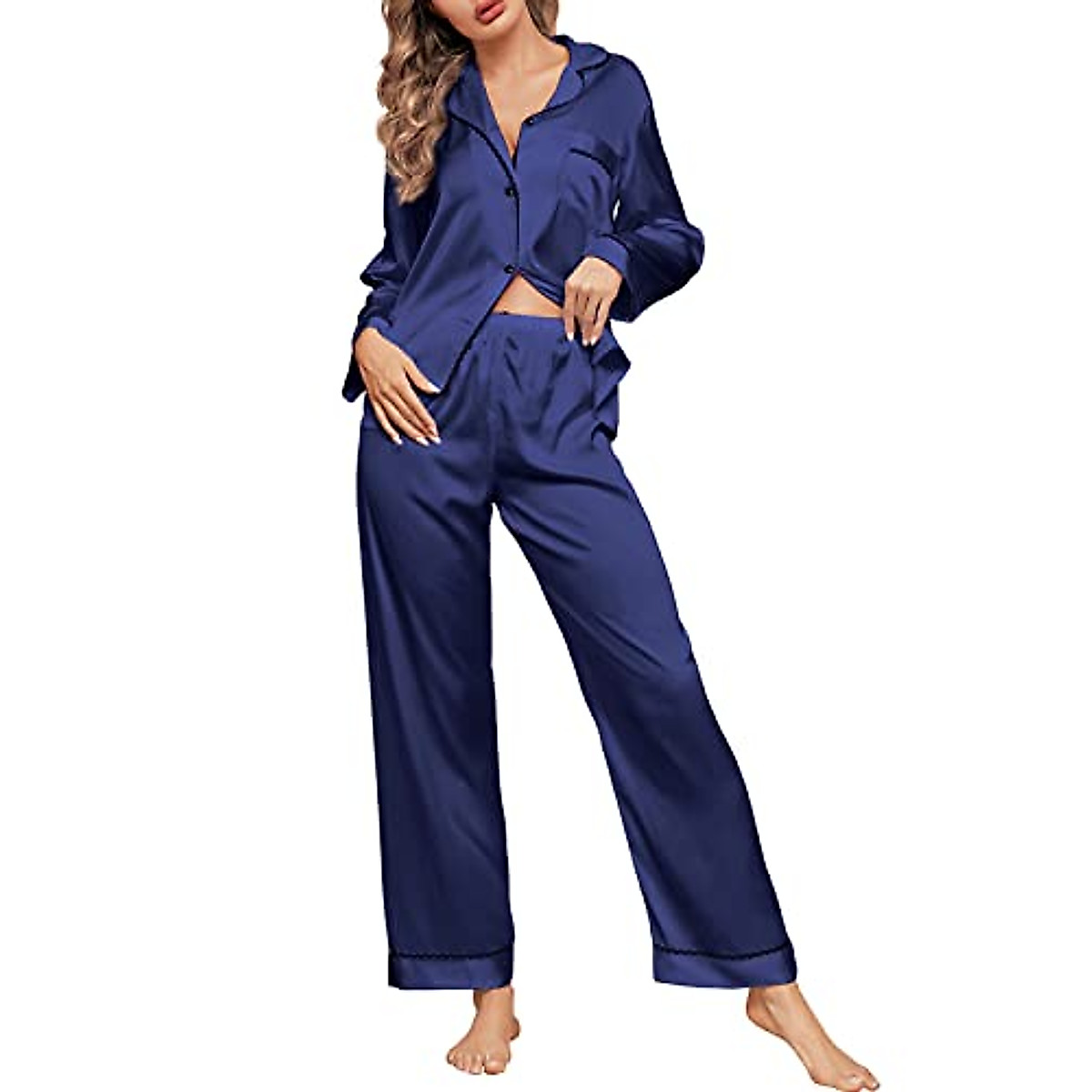 DUWMCON Button Up Pajama Set for Women Silk Satin Long Sleeve Top and Pajama Pants Sleepwear Soft Pjs Lounge Sets Navy Blue XL