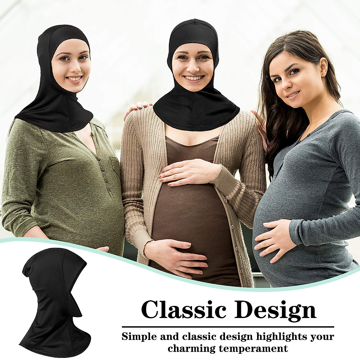 2 Pieces Modal Hijab Cap Adjustable Muslim Stretchy Turban Full Cover Shawl Cap Full Neck Coverage for Lady (Black)