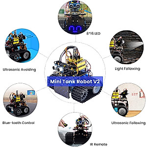 KEYESTUDIO Mini Tank Robot V2 Smart Car Kit for Arduino, IR Infrared and App Remote Control (iOS and Android), Light and Ultrasonic Follow, 8X16 LED Panel, Ultrasonic Obstacle Avoidance