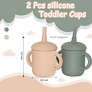 DONGMEI Silicone Straw Cup, silicone sippy cups for baby, 100% Soft Silicone Straw Trainer Cup For Infant, silicone sippy cup baby, 5 Oz (Pink & Armygreen 2 Pieces)