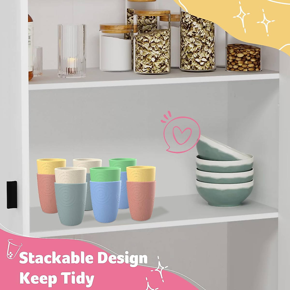 Homienly Wheat Straw Cups Reusable Drinking Glasses- Set of 6 Alternative to Plastic Cups 12 OZ Water Tumblers Unbreakable Drinking Cups for Kitchen,Kids Dishwasher and Microwave Safe (Macaron Series)