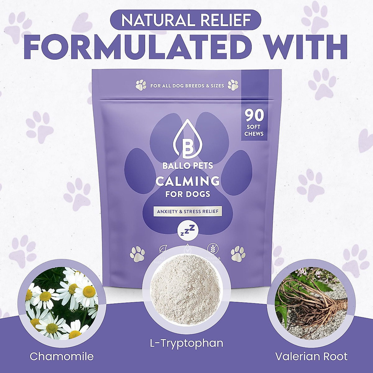 Ballo Pets Calming Chews for Dogs | Natural Stress & Anxiety Relief for Dogs - Help Manage Fireworks, Thunder, Seperation – 90 Soft Chews with Hemp, Melatonin, Chamomile, Ashwaganda- Chicken Flavor