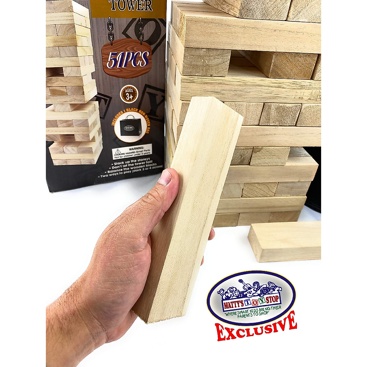 Mɑtty's Toy Stop Deluxe 51pc Giant Wood Tower Stacking Game with Storage Bag (Starts 17" Tall)