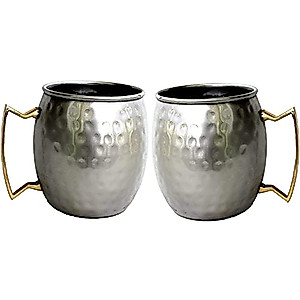 PARIJAT HANDICRAFT Set of 4 Stainless Steel Moscow Mule Mugs(Brass-Handle)