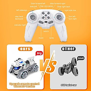 Remote Control Cars Dinosaur Trucks, 2.4 GHz Rechargeable RC Cars Dinosaur Toys for Boys Kids Age 4-7 8-12 With Light Sound Spray, 360°Rotation Drift 1:14 RC Dino Monster Truck, Gifts for Boys (White)