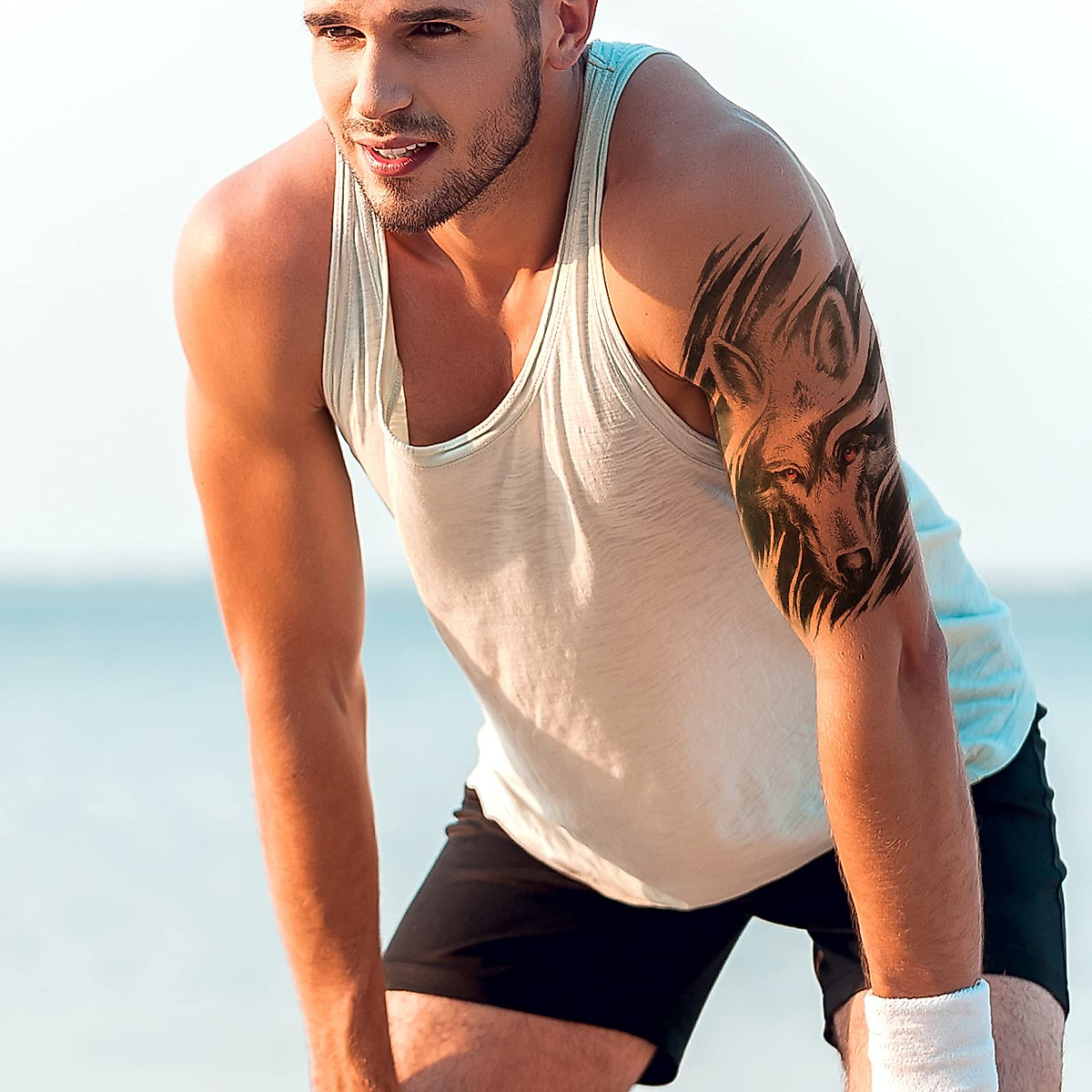 Hotoyannia 62 Sheets Black Temporary Tattoos Stickers for Women Men and Girl, 10 Large-Size That Look Real and Last Long, Include Black Scary Wolf Lion Tiger Skeleton Skull Halloween Fake Tattoos